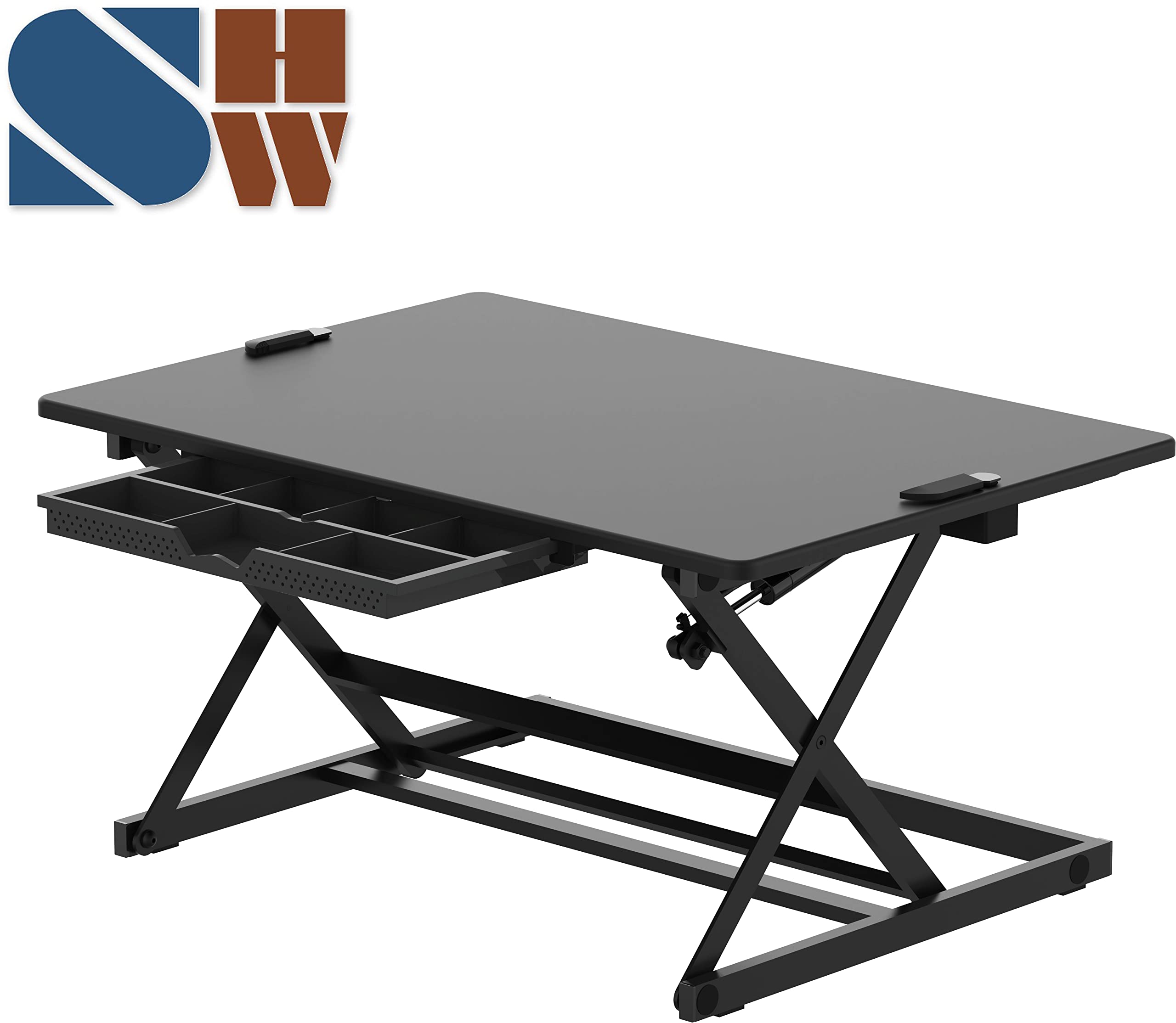 SHW 32-Inch Height Adjustable Standing Desk Converter Riser Workstation, Black