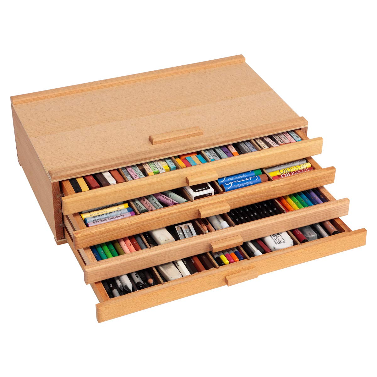 Creative Mark Pastel Storage Box, 4 Drawer Wood Art Box with Foam Lining, Sturdy & Stackable for Pastels, Artist Tools, Pens, Pencils, Paintbrushes & Makeup Brushes, Natural Finish