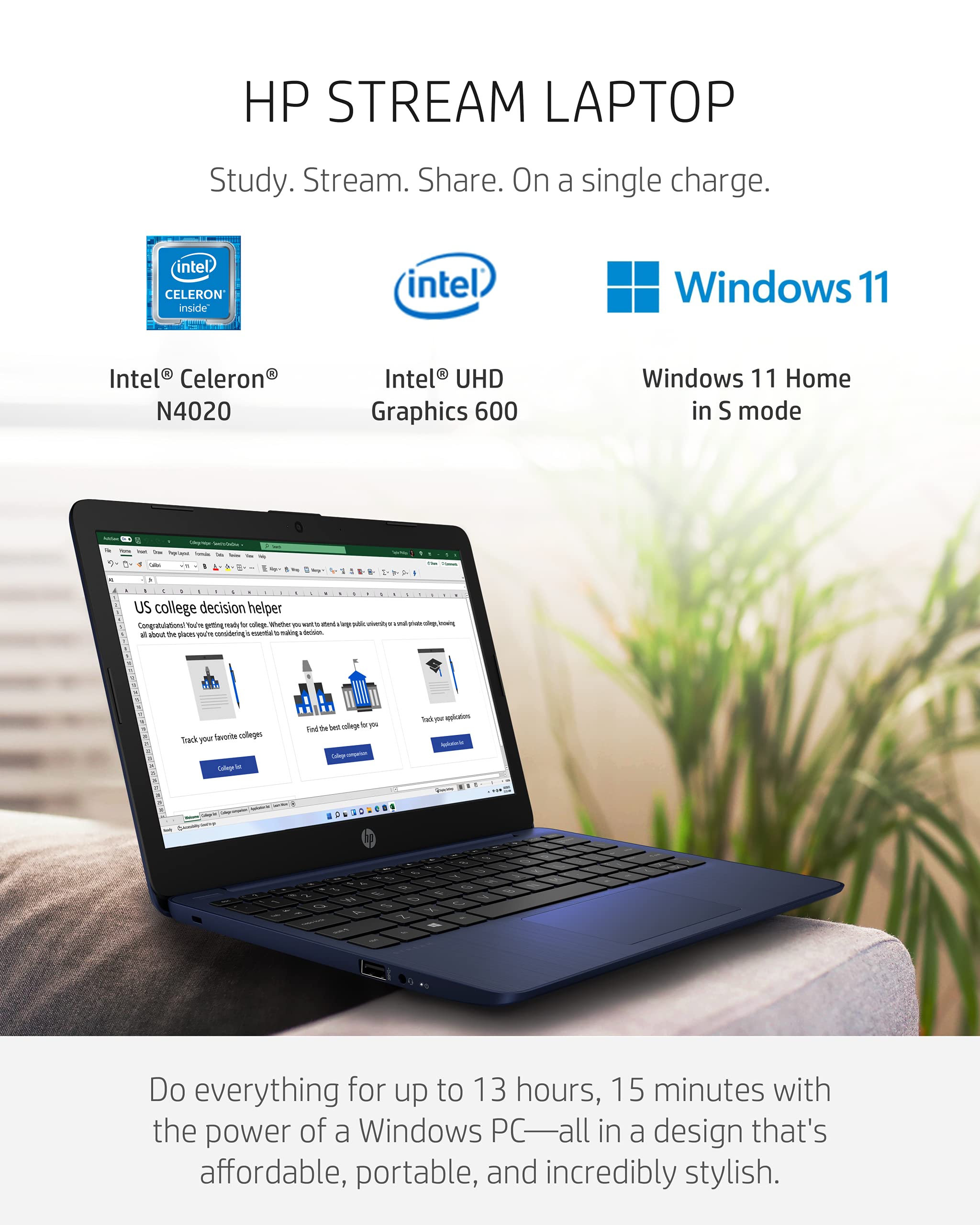 HP Stream 11" Laptop, Intel Celeron N4020, Intel UHD Graphics 600, 4 GB RAM, 64 GB SSD, Windows 11 Home in S mode (11-ak0030nr, Royal blue) (Renewed)
