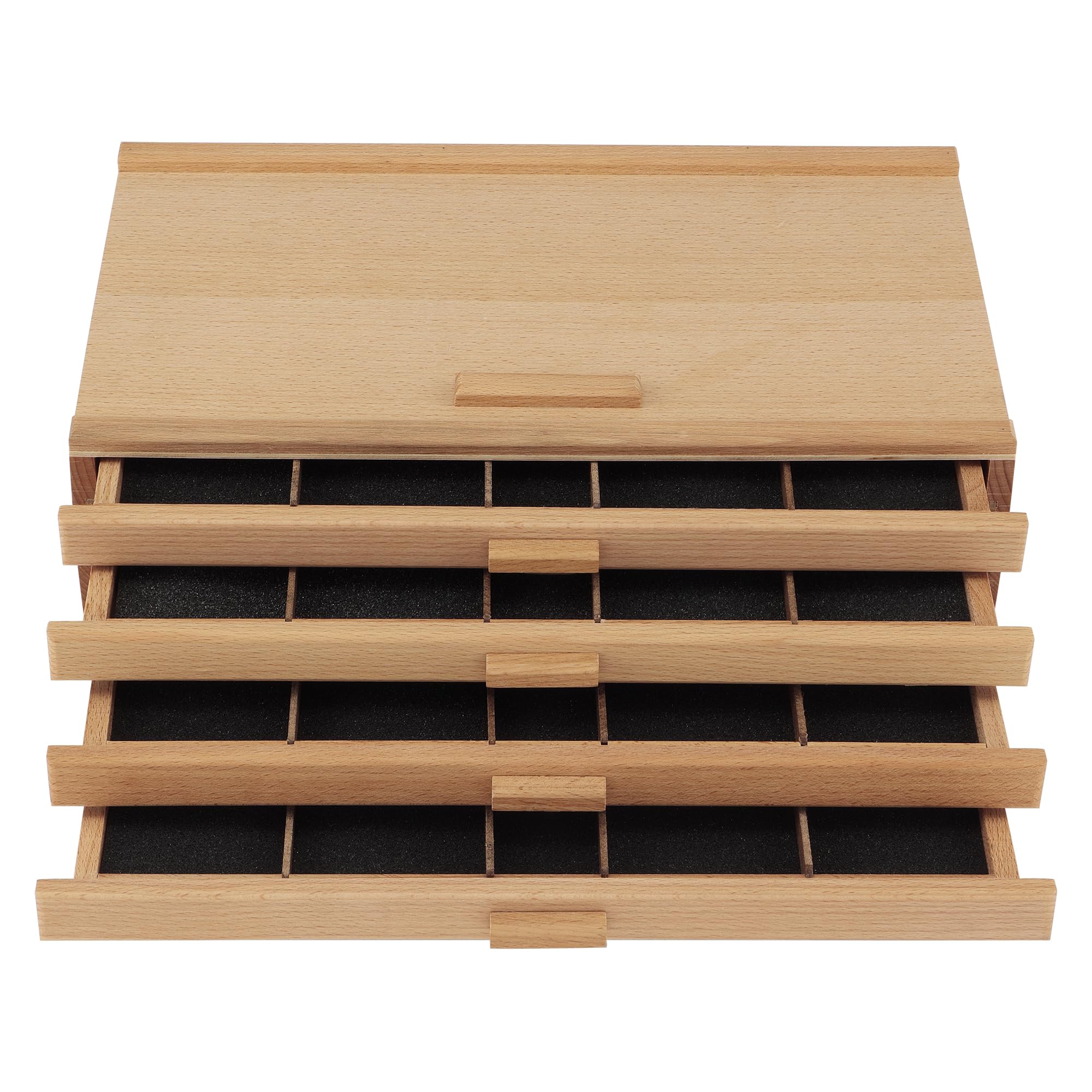 Creative Mark Pastel Storage Box, 4 Drawer Wood Art Box with Foam Lining, Sturdy & Stackable for Pastels, Artist Tools, Pens, Pencils, Paintbrushes & Makeup Brushes, Natural Finish