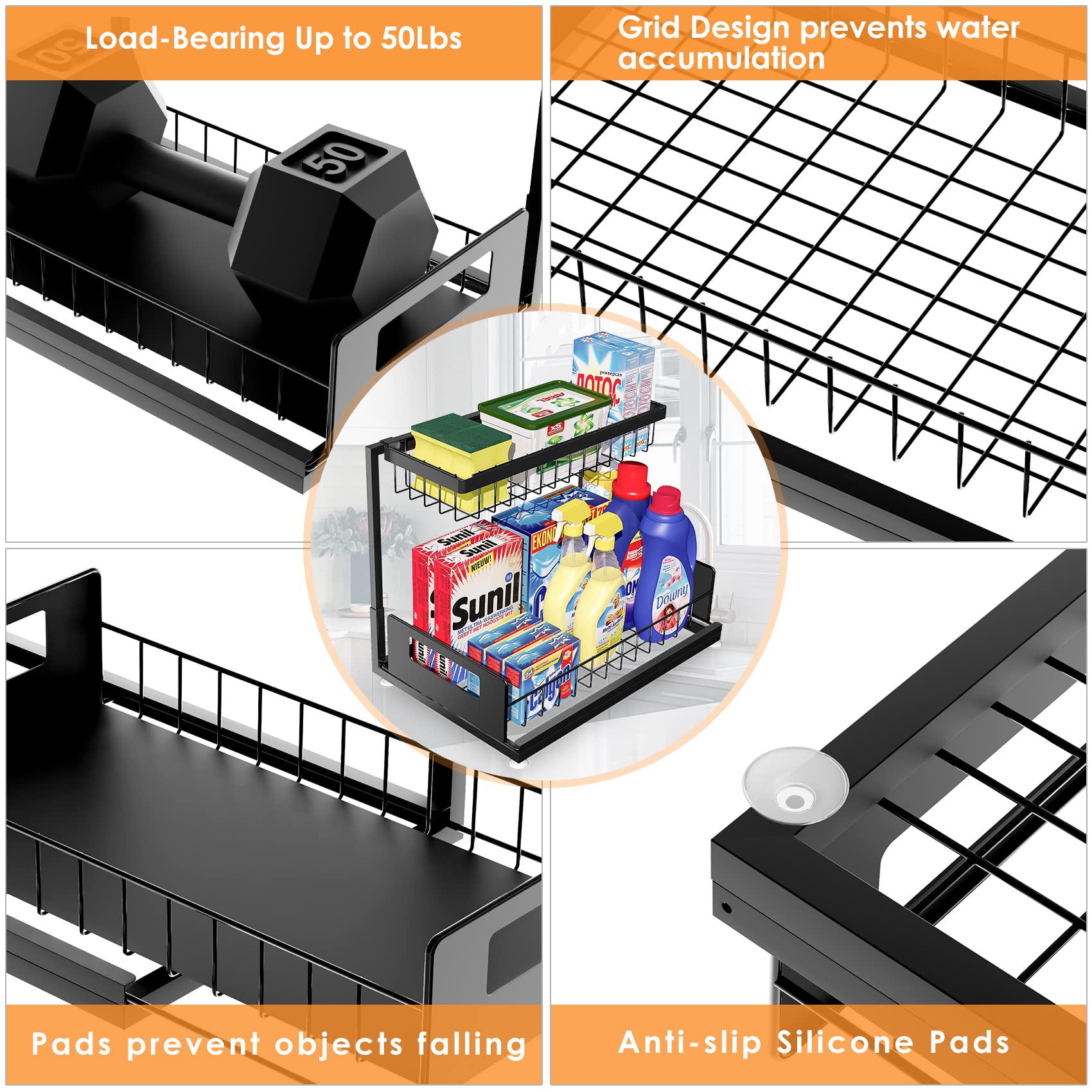 Under Sink Organizer, 2 Tire Sliding Countertop Organizer, Under Sink Storage Drawer Shelf for Kitchen Bathroom Sink Organizers and Storage