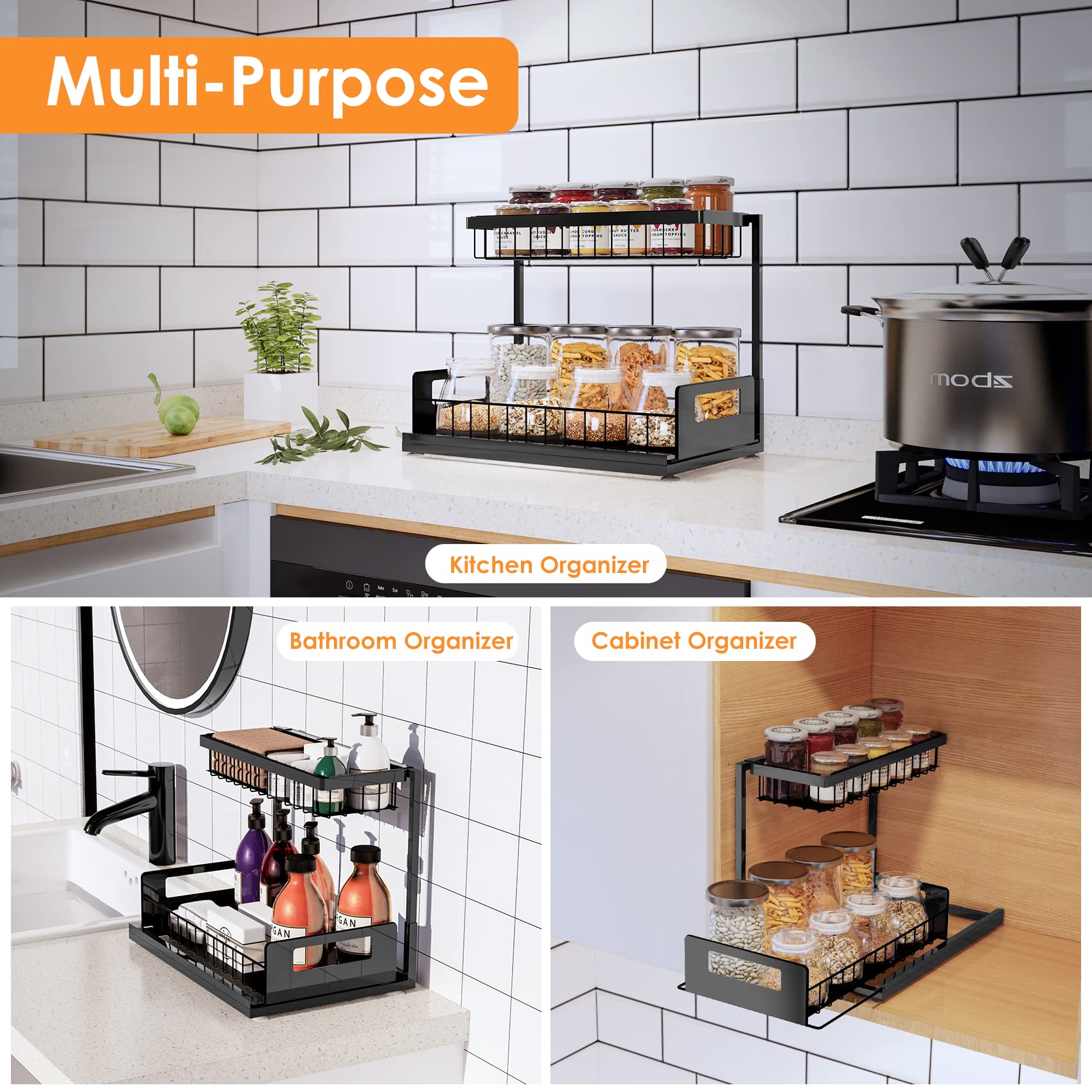 Under Sink Organizer, 2 Tire Sliding Countertop Organizer, Under Sink Storage Drawer Shelf for Kitchen Bathroom Sink Organizers and Storage
