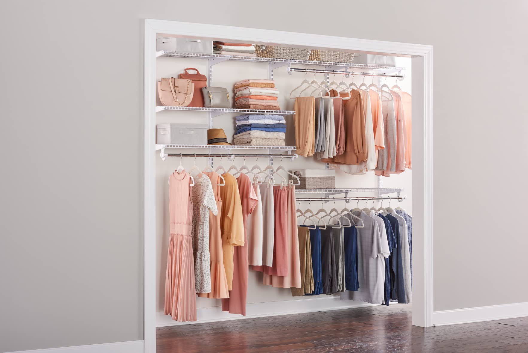 Rubbermaid Configurations Deluxe Closet Kit, White, 4-8 Ft., Wire Shelving Kit with Expandable Shelving and Telescoping Rods, Custom Closet Organization System, Easy Installation