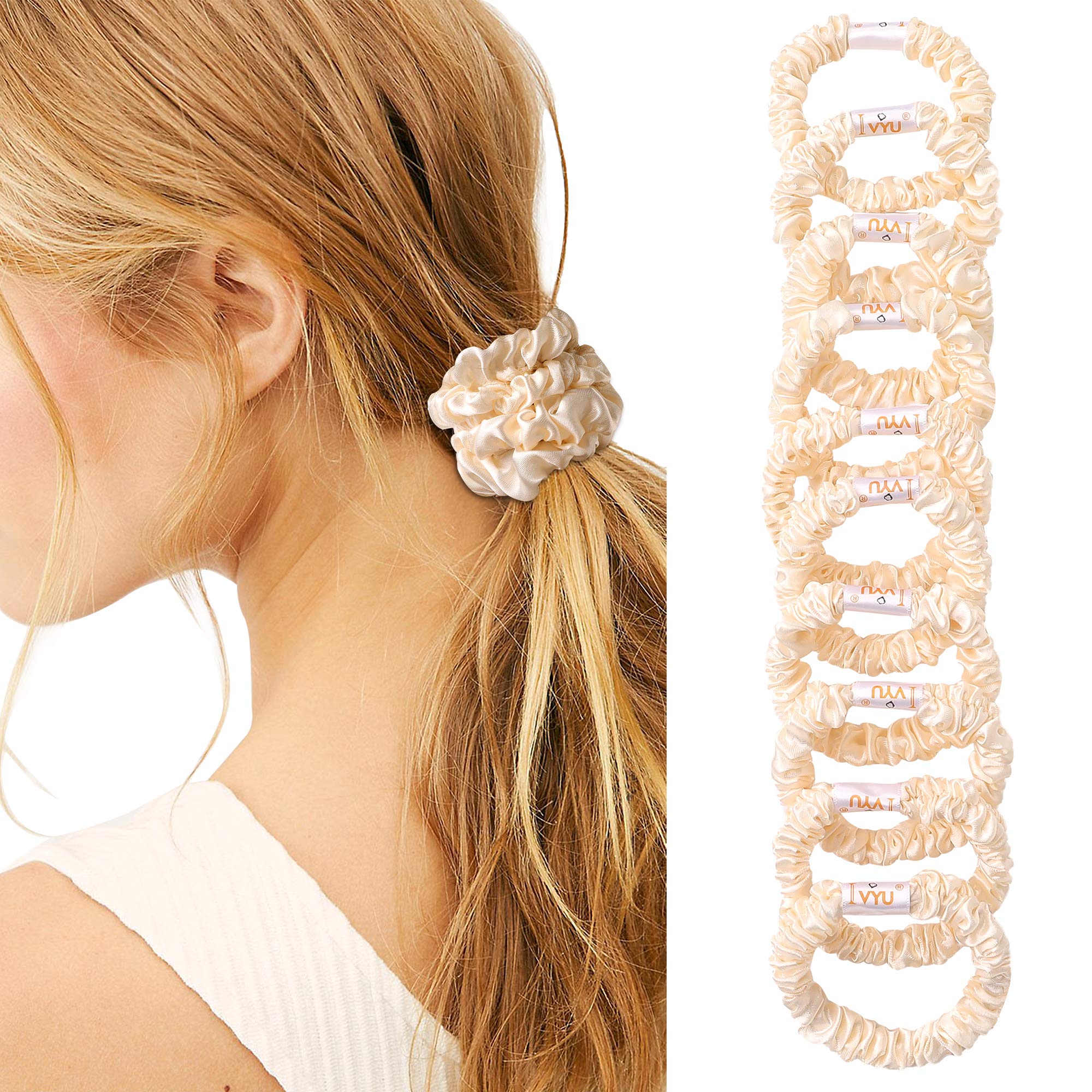 Hair Ties Silk Satin Scrunchies - Small Mini Thin Elestics Ponytail Holder Hair Bands Skinny Scrunchy For Thick Curl Hair No Crease Hair Ties Soft Accessories No Hurt Your Hair for Women and Girls (Beige)