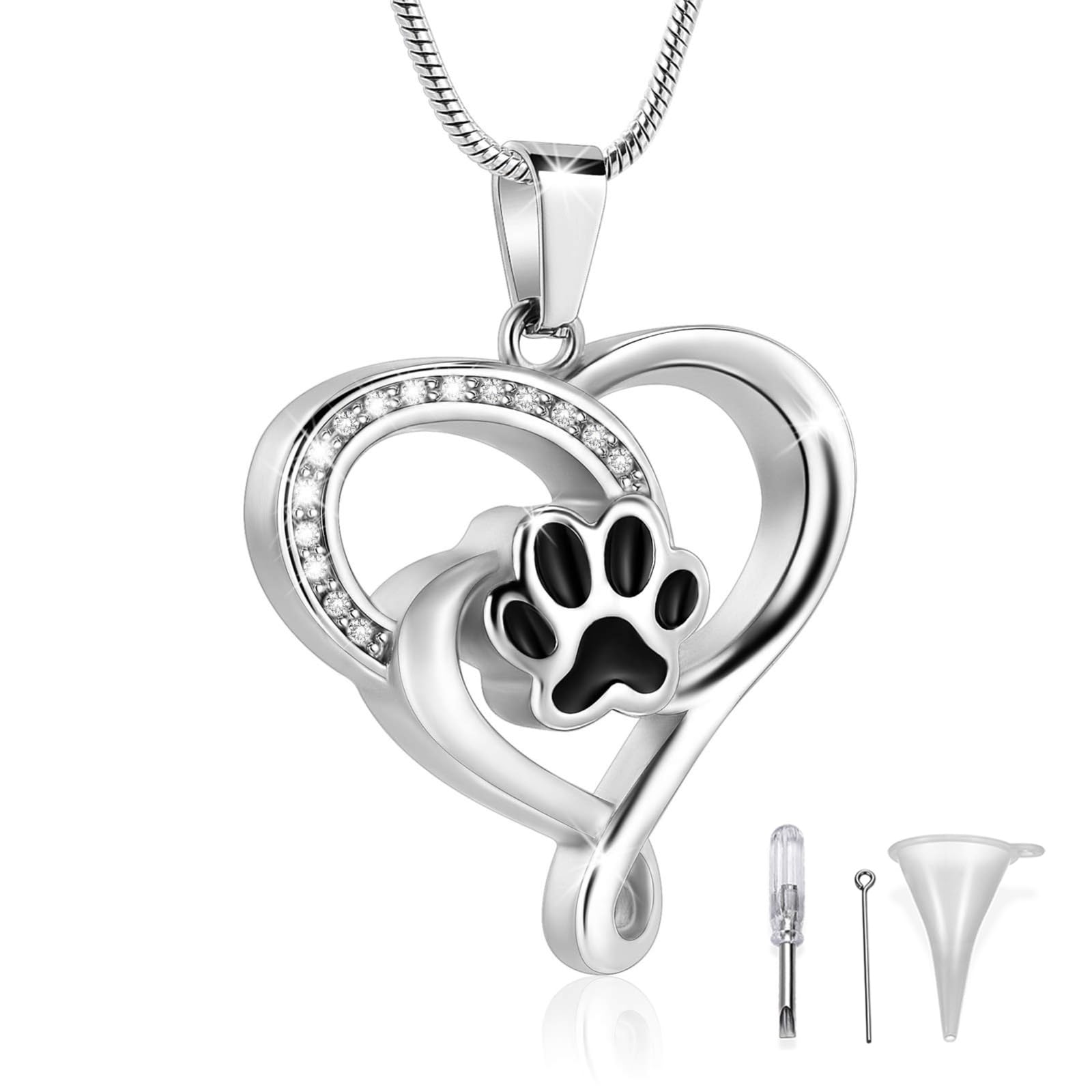 ADENLA Crystal Heart Urn Necklaces Cat Dog Paw Print Cremation Ashes Holder Pendant Necklace Pet Paw Footprint Ash Urn Jewelry for Pet