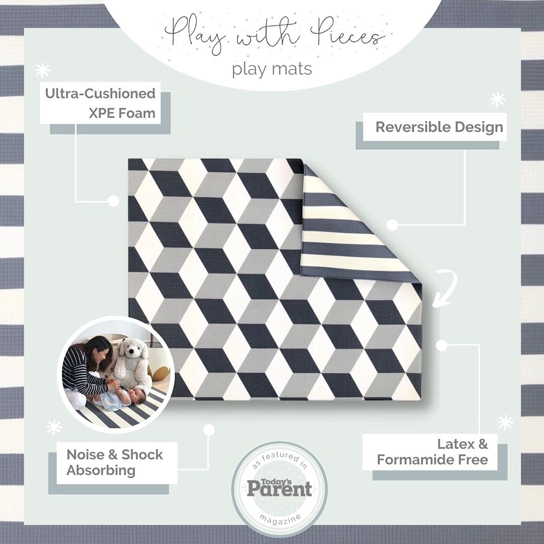 Large Waterproof Thick Padded Foam Baby Play Mat for Infants, Babies, Toddlers - for Play, Crawling & Tummy Time - 70 x 59 in. - Reversible, Double-Sided, Non-Toxic, Non-Slip Playmat - Grey Geo/Stripe