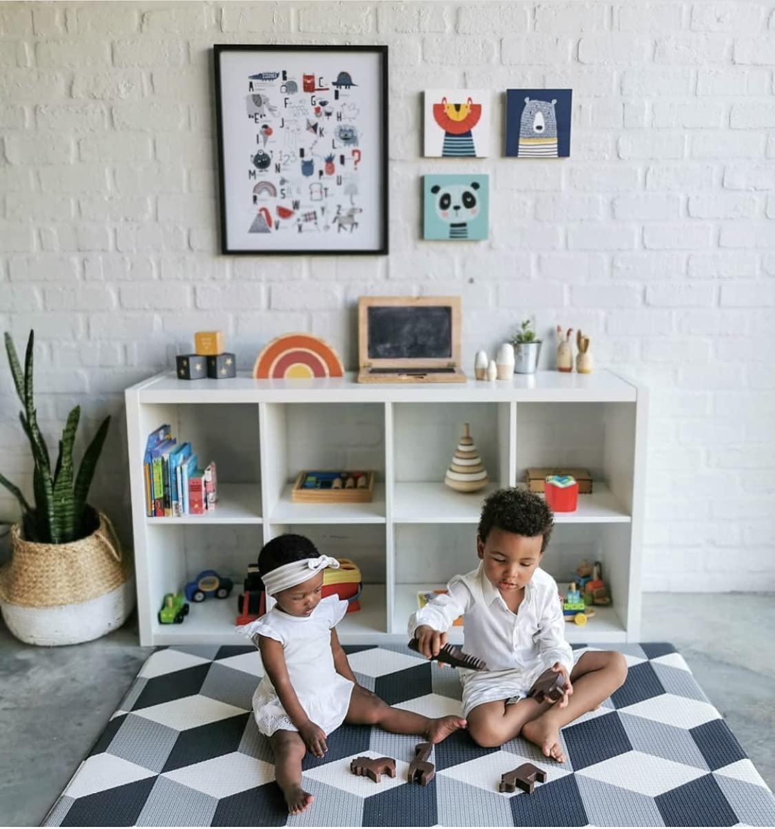 Large Waterproof Thick Padded Foam Baby Play Mat for Infants, Babies, Toddlers - for Play, Crawling & Tummy Time - 70 x 59 in. - Reversible, Double-Sided, Non-Toxic, Non-Slip Playmat - Grey Geo/Stripe