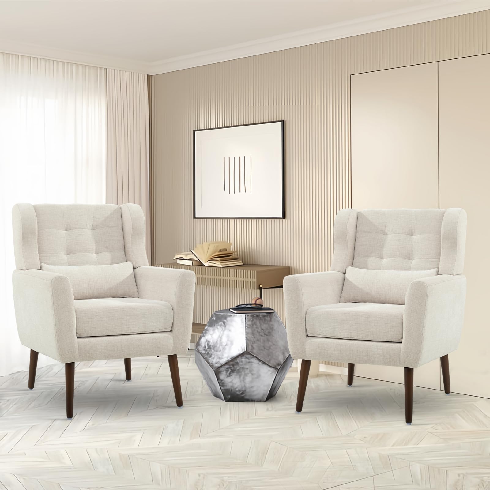 cinkehome Accent Chairs Set of 2 for Living Room, Chenille Upholstered Mordern Armchair, Comfy Soft Padded Lounge Reading Arm Chair in Small Space, Bedroom, Pillow, Solid Wood Leg, Beige