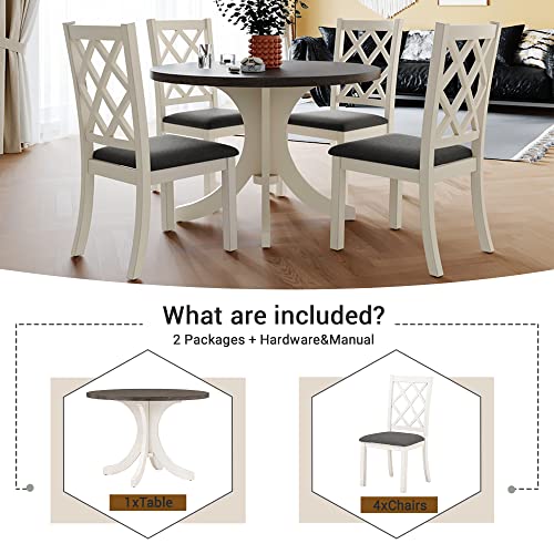 Dinehome Kitchen 5-Piece Solid Wood Round Dining Table Set with 4 Upholstered Chairs for Small Places, Brown+Gray