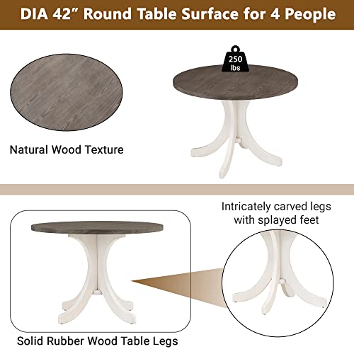 Dinehome Kitchen 5-Piece Solid Wood Round Dining Table Set with 4 Upholstered Chairs for Small Places, Brown+Gray
