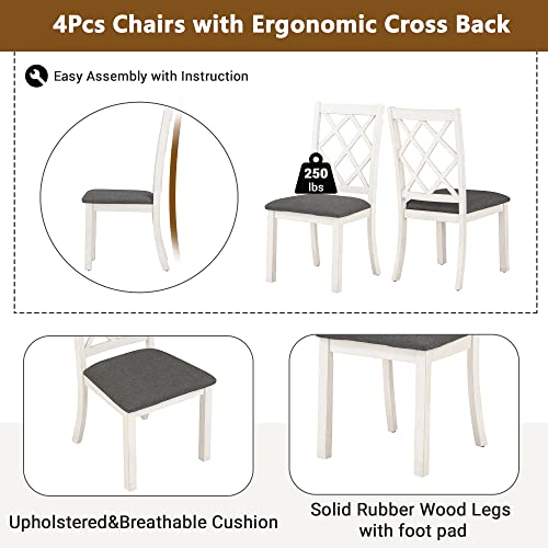 Dinehome Kitchen 5-Piece Solid Wood Round Dining Table Set with 4 Upholstered Chairs for Small Places, Brown+Gray