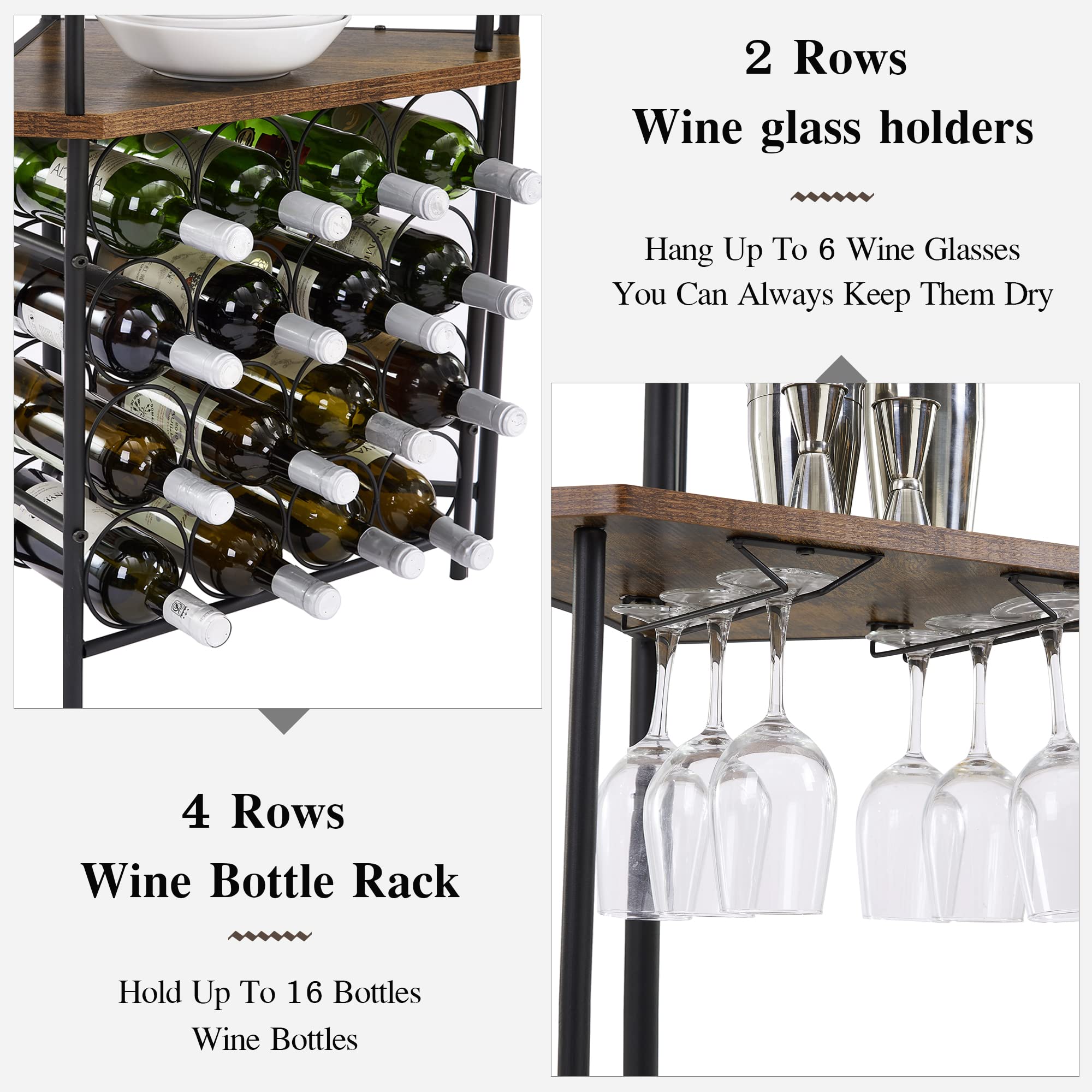 VECELO 3-Tier Corner Wine Rack Freestanding Floor with Glass Holder, 16 Bottles, Wooden Home Liquor Bar Cabinet Storage Display Shelf for Kitchen Dining Room, Rustic Brown