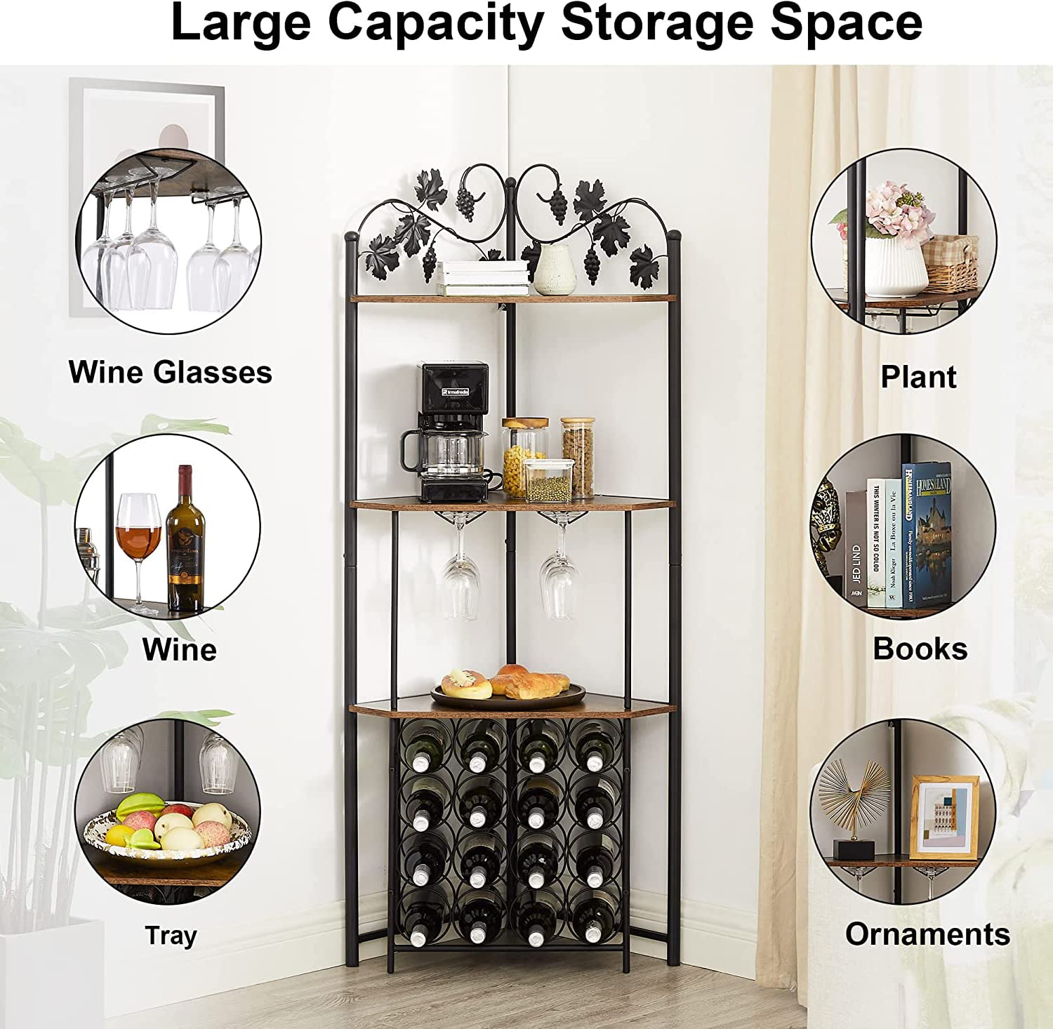 VECELO 3-Tier Corner Wine Rack Freestanding Floor with Glass Holder, 16 Bottles, Wooden Home Liquor Bar Cabinet Storage Display Shelf for Kitchen Dining Room, Rustic Brown