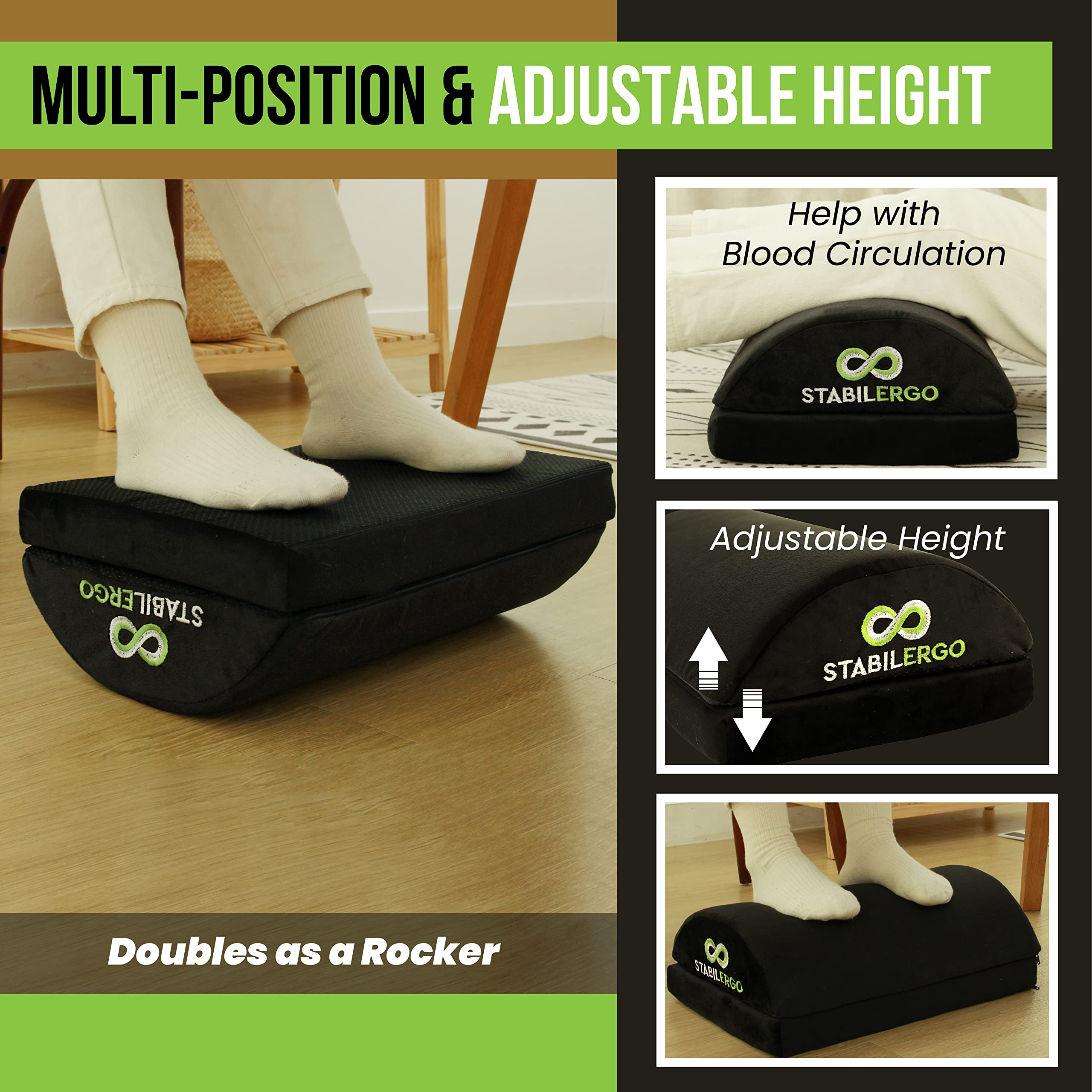STABILERGO Foot Rest for Under Desk at Work, Ergonomic Office Desk Foot Rest, Adjustable Foot Rest, Under Desk Footrest with Washable Cover, Desk Foot Stool Work from Home Accessories