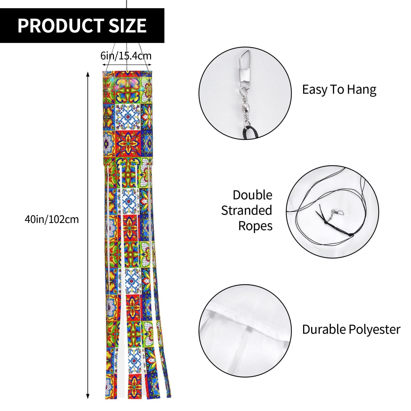 Mexican Talavera Ceramic Tile Halloween Windsocks Flag 40 Inch Flag Wind Socks Outdoor Hanging Decoration Halloween Decorations Halloween Decor Outdoor for Home Yard Patio with Led Light