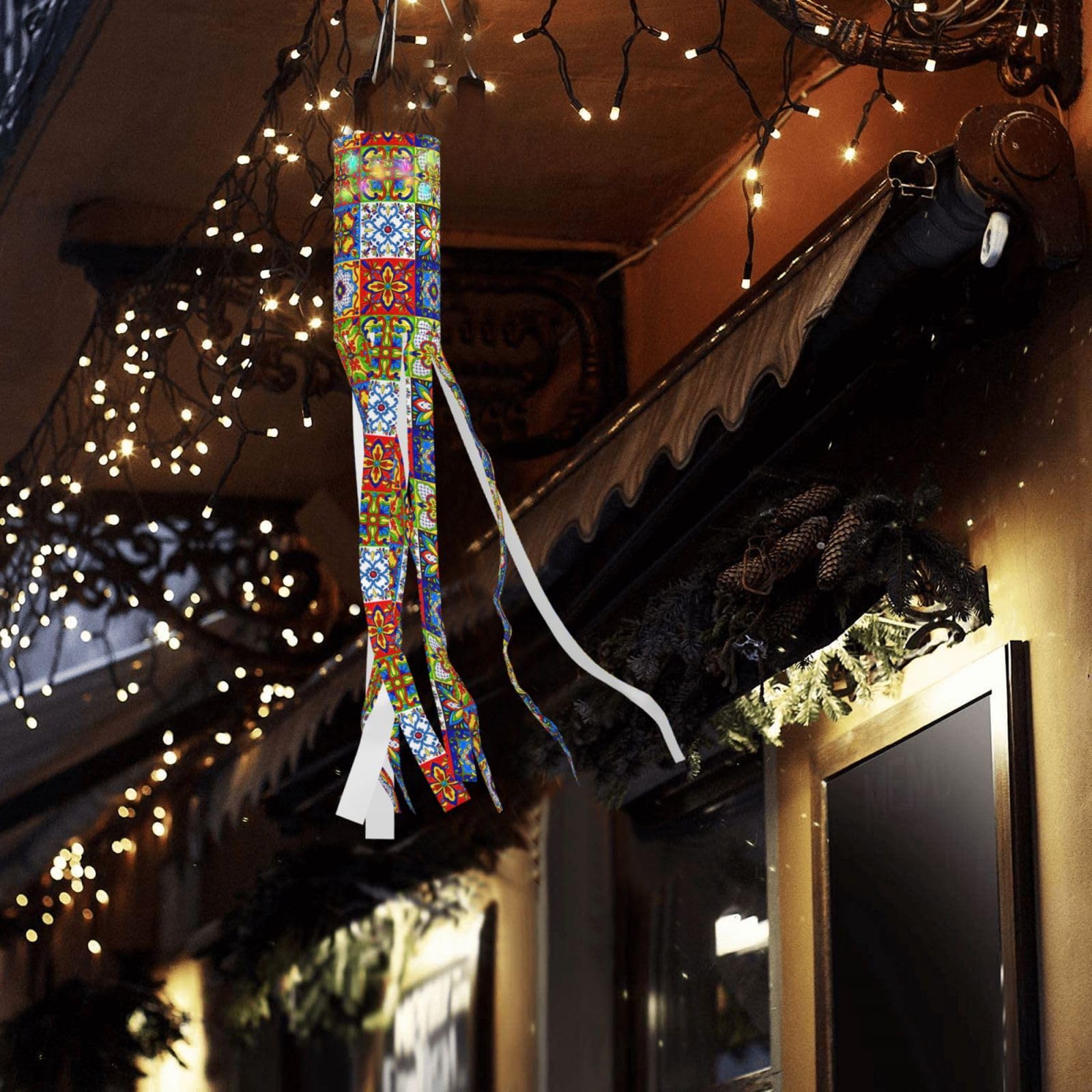 Mexican Talavera Ceramic Tile Halloween Windsocks Flag 40 Inch Flag Wind Socks Outdoor Hanging Decoration Halloween Decorations Halloween Decor Outdoor for Home Yard Patio with Led Light