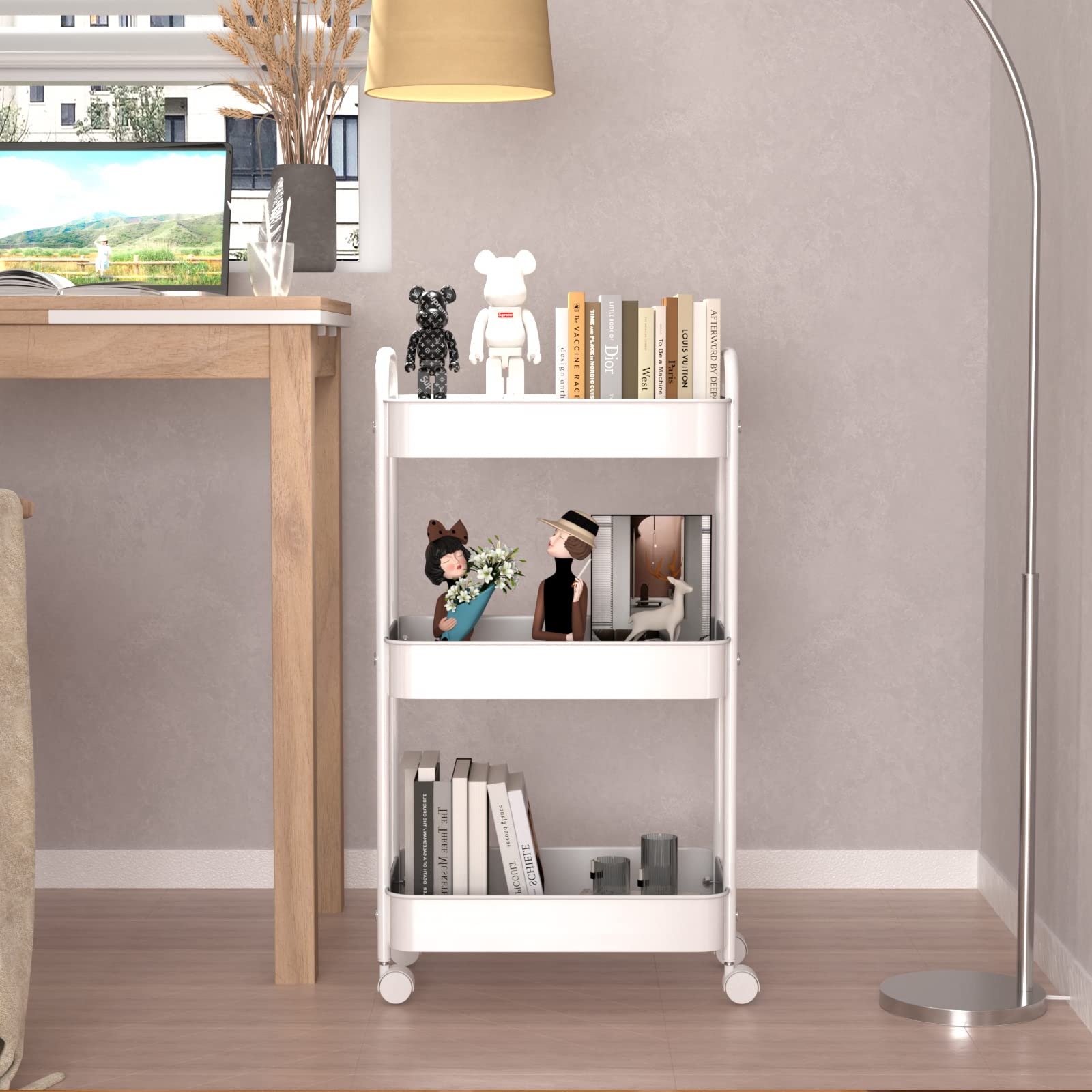 3 Tier Metal Rolling Utility Cart with Caster Wheels, Rolling Storage Cart Organizer Craft Cart with Handle Kitchen Cart for Bathroom Shelves Laundry Office Balcony Living Room Organization White