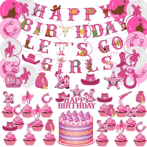 Western cowgirls birthday party decoration with banner cake topper balloons pink birthday party supplies for girls lets go girls party decoration