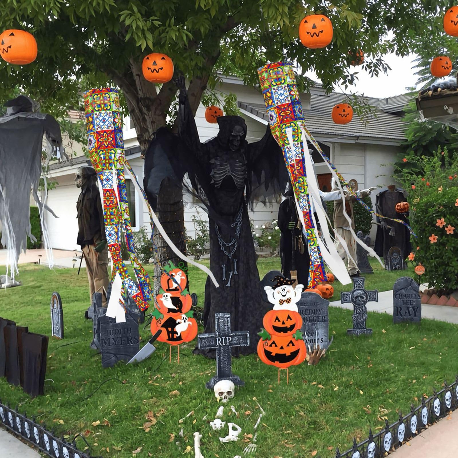 Mexican Talavera Ceramic Tile Halloween Windsocks Flag 40 Inch Flag Wind Socks Outdoor Hanging Decoration Halloween Decorations Halloween Decor Outdoor for Home Yard Patio with Led Light