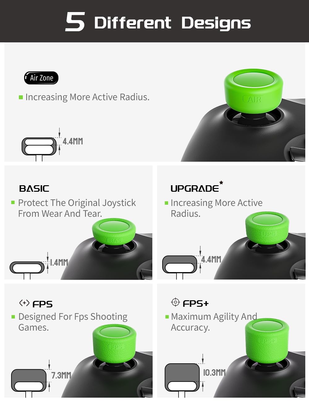 ELETIUO 5 Pairs/10 Pcs Thumb Grips Set for Xbox Series X/S,Xbox One,Xbox One X/S Controller,Anti-Slip Silicone Joystick Cap with 5 Designs, Custom Analog Thumbsticks Cover,Green
