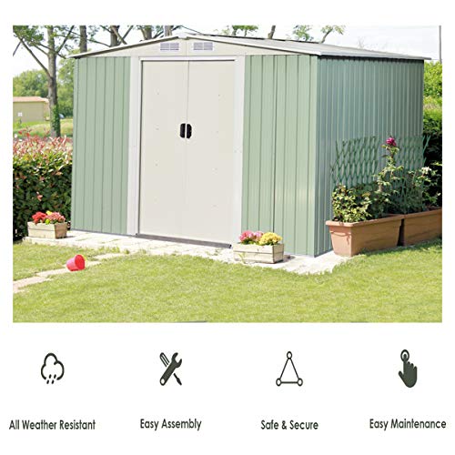 GoplusĀ® Galvanized Steel Outdoor Storage Shed 8.5X 8.5Ft Heavy Duty Tool House W/Sliding Door for Garden Lawn(Light Green)