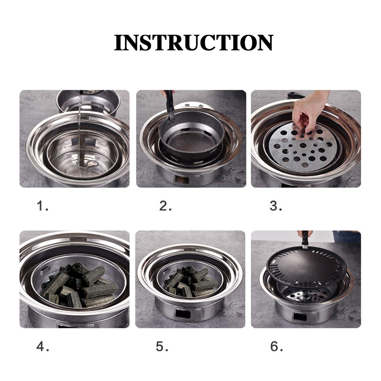 BBQ Charcoal Grill 15.7 inch Round Stove-top Household Indoor Carbon Grill for Camping Picnic Party Silver
