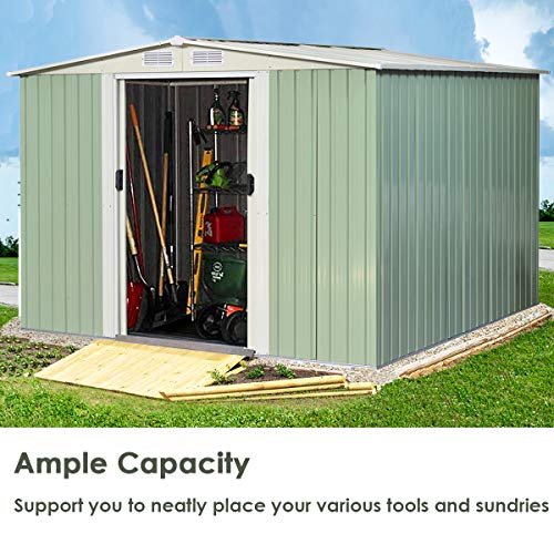 GoplusĀ® Galvanized Steel Outdoor Storage Shed 8.5X 8.5Ft Heavy Duty Tool House W/Sliding Door for Garden Lawn(Light Green)