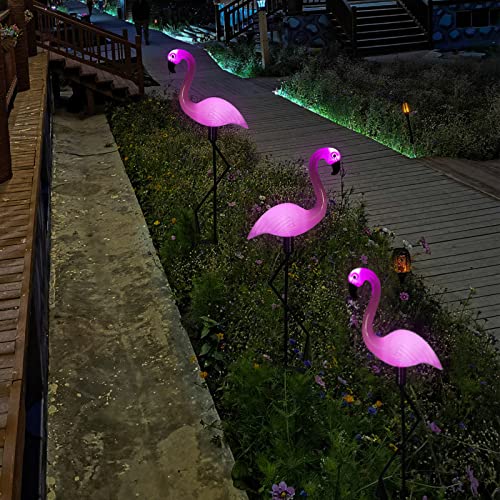 Flamingo Garden Solar Lights 3 Pieces Waterproof and Solar Powered Outdoor Decorative Stake Pink Lights for Pathway Lawn Yard Landscape Path Christmas Decorations Gifts