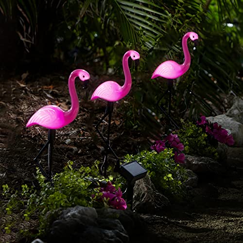 Flamingo Garden Solar Lights 3 Pieces Waterproof and Solar Powered Outdoor Decorative Stake Pink Lights for Pathway Lawn Yard Landscape Path Christmas Decorations Gifts