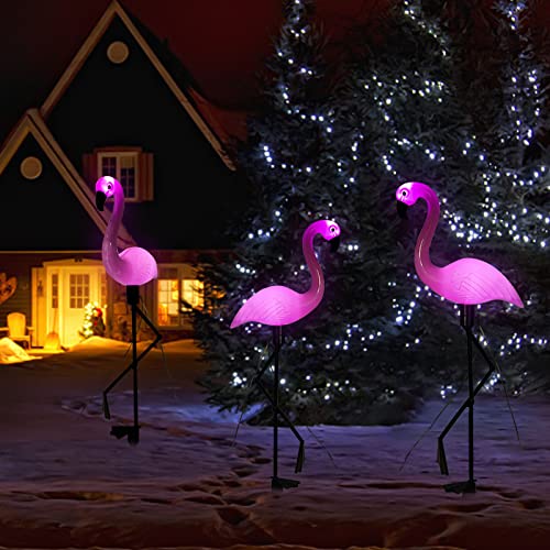 Flamingo Garden Solar Lights 3 Pieces Waterproof and Solar Powered Outdoor Decorative Stake Pink Lights for Pathway Lawn Yard Landscape Path Christmas Decorations Gifts