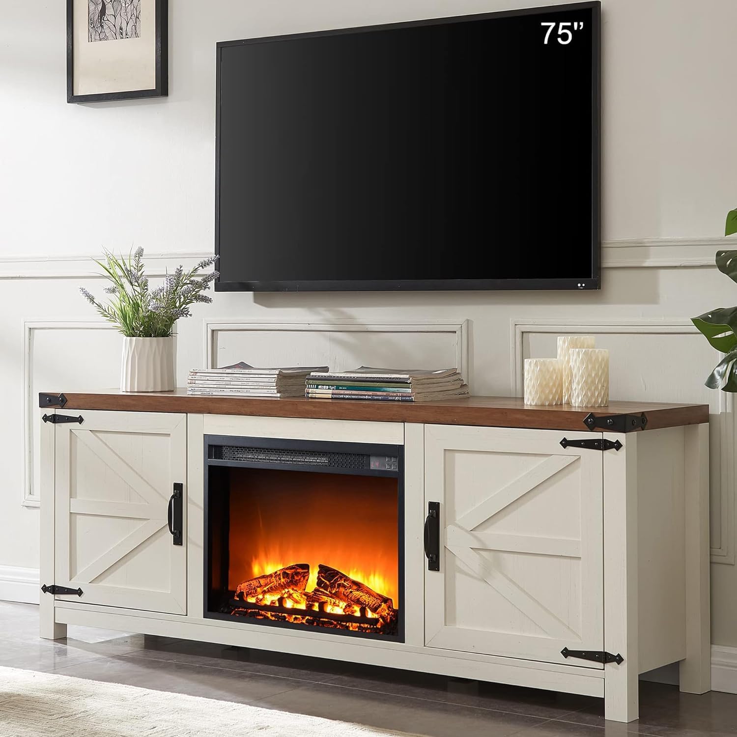 T4TREAM Fireplace TV Stand for 75 Inch TV, Farmhouse Barn Door Media Console, Entertainment Center with 23" Electric Fireplace Remote Control,for Living Room, 66 Inch, Antique White