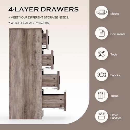 Gecheer Free-Standing Cabinet Wooden Floor Storage Organizer Tall Storage for Bathroom, Living Room with 4 Drawers and 1 Adjustable Shelf