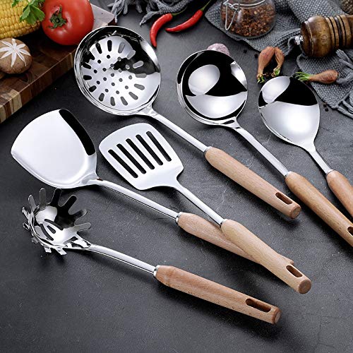 6 Pcs Stainless Steel Kitchen Utensil Wood Handle Cooking Tools Set Ladle Spoon for Restaurant Kitchenware Set
