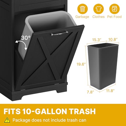 DWVO 10 Gallon Trash Cabinet with Storage Cabinet & Drawer, Wooden Tilt Out Trash Cabinet Hidden Garbage Bin Cabinet, Tilt-Out Hamper for Kitchen Island, 20.5" W x 14" D x 39" H, Black