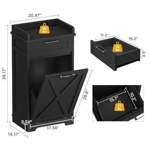 DWVO 10 Gallon Trash Cabinet with Storage Cabinet & Drawer, Wooden Tilt Out Trash Cabinet Hidden Garbage Bin Cabinet, Tilt-Out Hamper for Kitchen Island, 20.5" W x 14" D x 39" H, Black