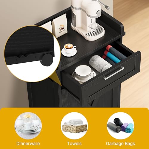 DWVO 10 Gallon Trash Cabinet with Storage Cabinet & Drawer, Wooden Tilt Out Trash Cabinet Hidden Garbage Bin Cabinet, Tilt-Out Hamper for Kitchen Island, 20.5" W x 14" D x 39" H, Black