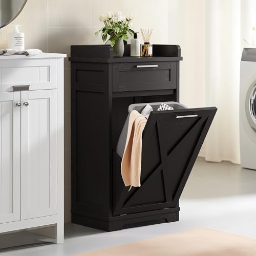 DWVO 10 Gallon Trash Cabinet with Storage Cabinet & Drawer, Wooden Tilt Out Trash Cabinet Hidden Garbage Bin Cabinet, Tilt-Out Hamper for Kitchen Island, 20.5" W x 14" D x 39" H, Black