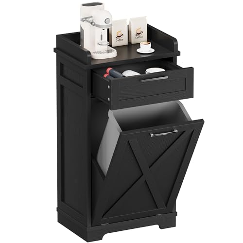 DWVO 10 Gallon Trash Cabinet with Storage Cabinet & Drawer, Wooden Tilt Out Trash Cabinet Hidden Garbage Bin Cabinet, Tilt-Out Hamper for Kitchen Island, 20.5" W x 14" D x 39" H, Black