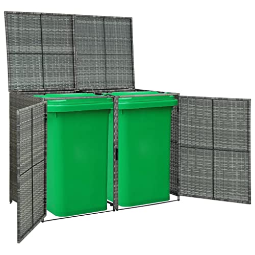 vidaXL Double Wheelie Bin Shed Poly Rattan Wicker Black Garden Dustbin Storage