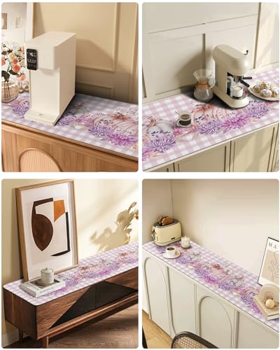 Heat Resistant Mats for Countertop, Hello Autumn Thanksgiving Pumpkins Pink Plaid Waterproof Non-Slip Mats Kitchen Counter Protector, Rolled Up Kitchen Counter Mat for Air Fryer, Oven, Microwave