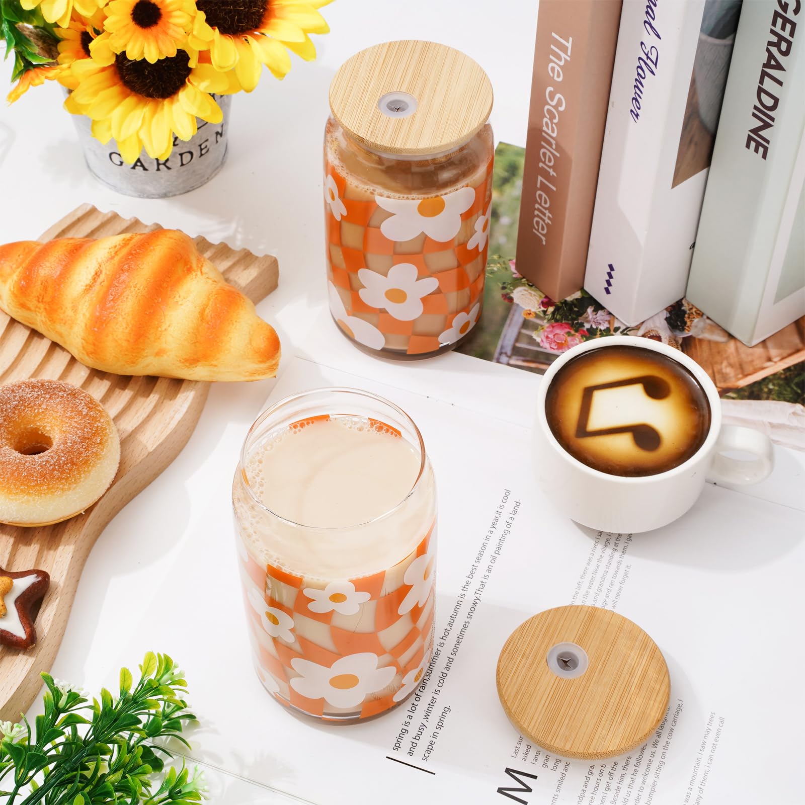 Whaline 2 Pack Retro Floral Checkers Iced Coffee Cup Orange Boho Drinking Glasses Retro Flower Beer Can Glass with Lid Straw Cleaning Brush for Home Office Gifts,16oz