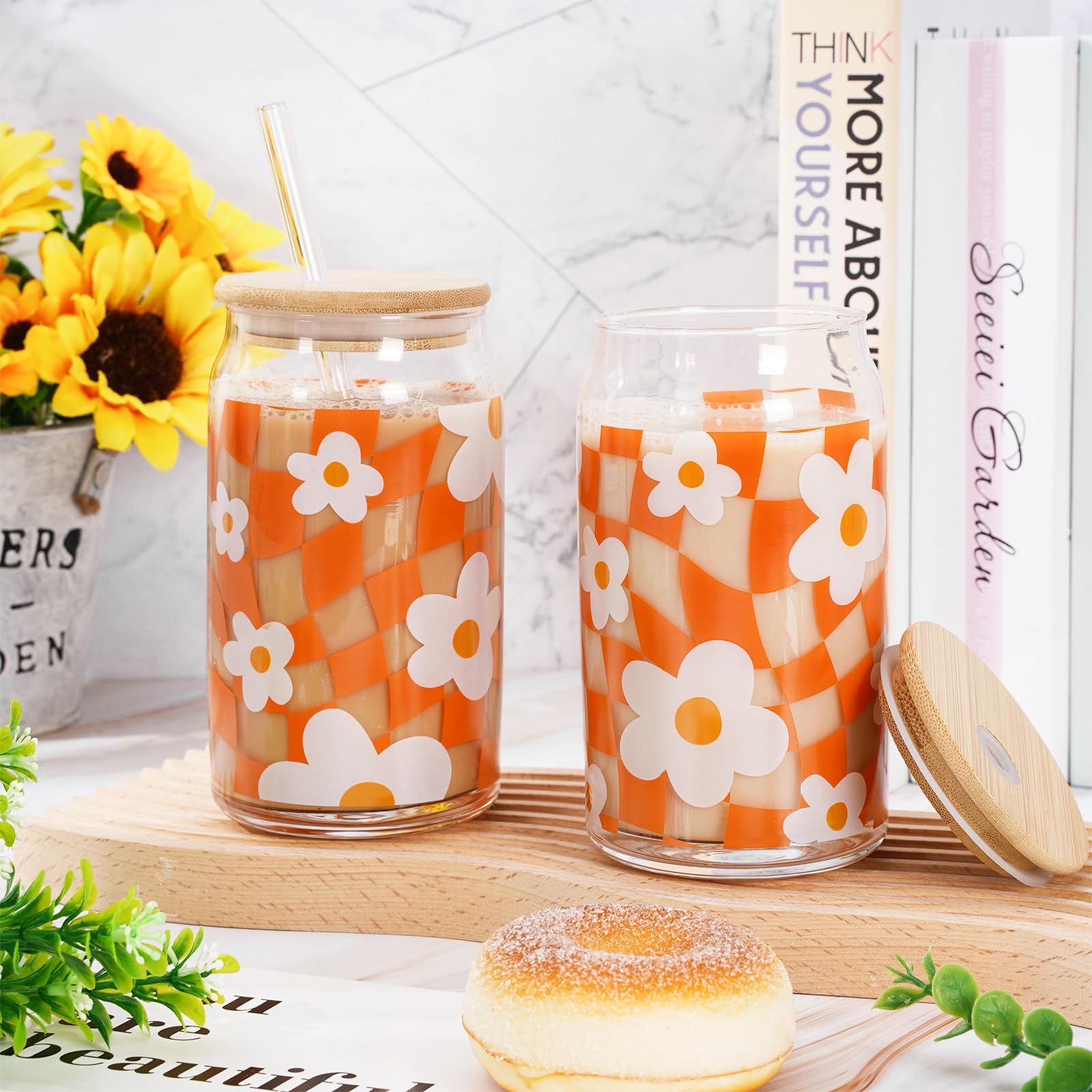 Whaline 2 Pack Retro Floral Checkers Iced Coffee Cup Orange Boho Drinking Glasses Retro Flower Beer Can Glass with Lid Straw Cleaning Brush for Home Office Gifts,16oz