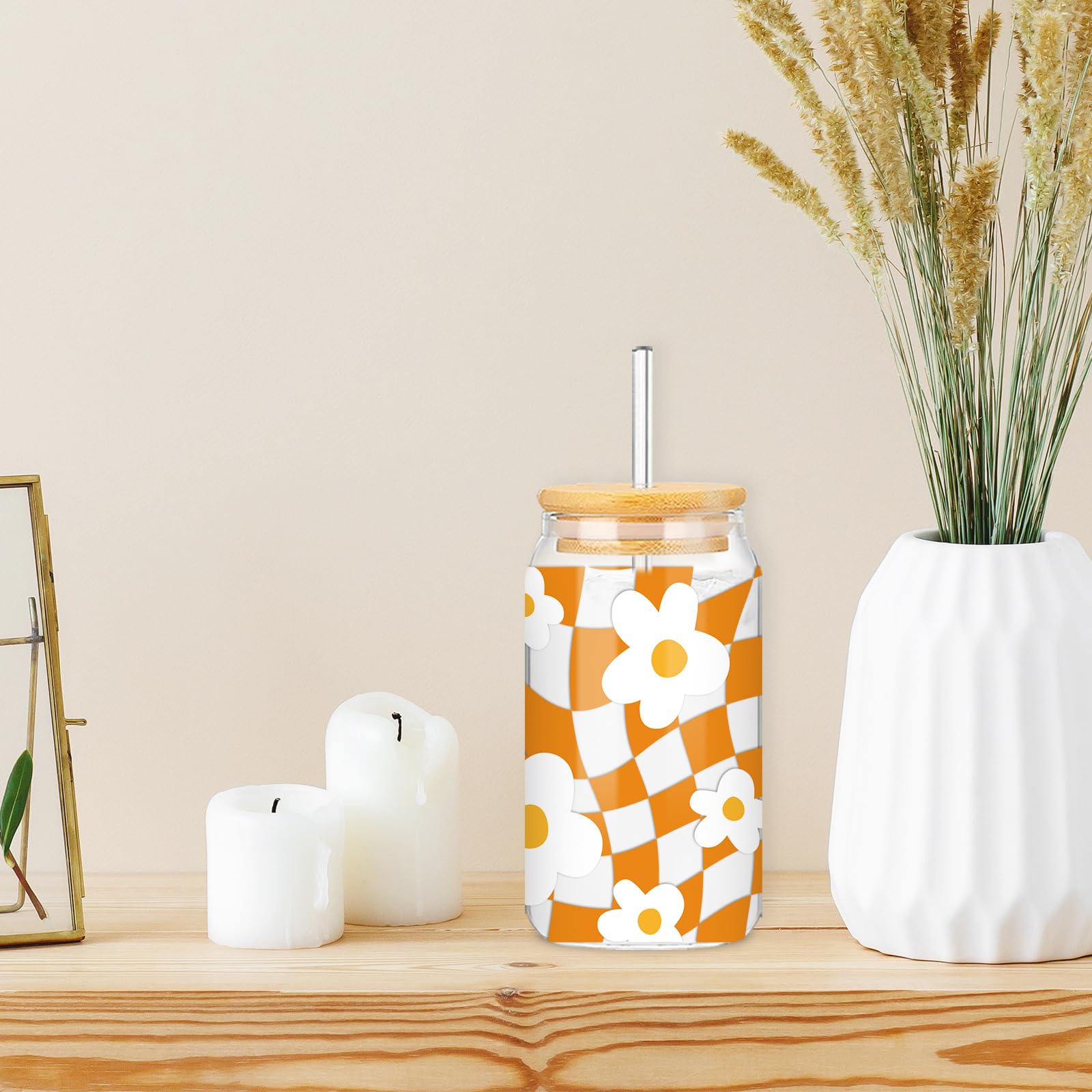 Whaline 2 Pack Retro Floral Checkers Iced Coffee Cup Orange Boho Drinking Glasses Retro Flower Beer Can Glass with Lid Straw Cleaning Brush for Home Office Gifts,16oz