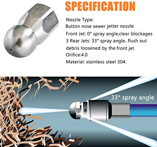 EDOU DIRECT 100 FT Cleaning Kit for Pressure Washer | 4,000 PSI Max Working Pressure | Includes: Durable Sewer Jetting Hose (3 layers) & 3 Sewer Jetter Nozzles