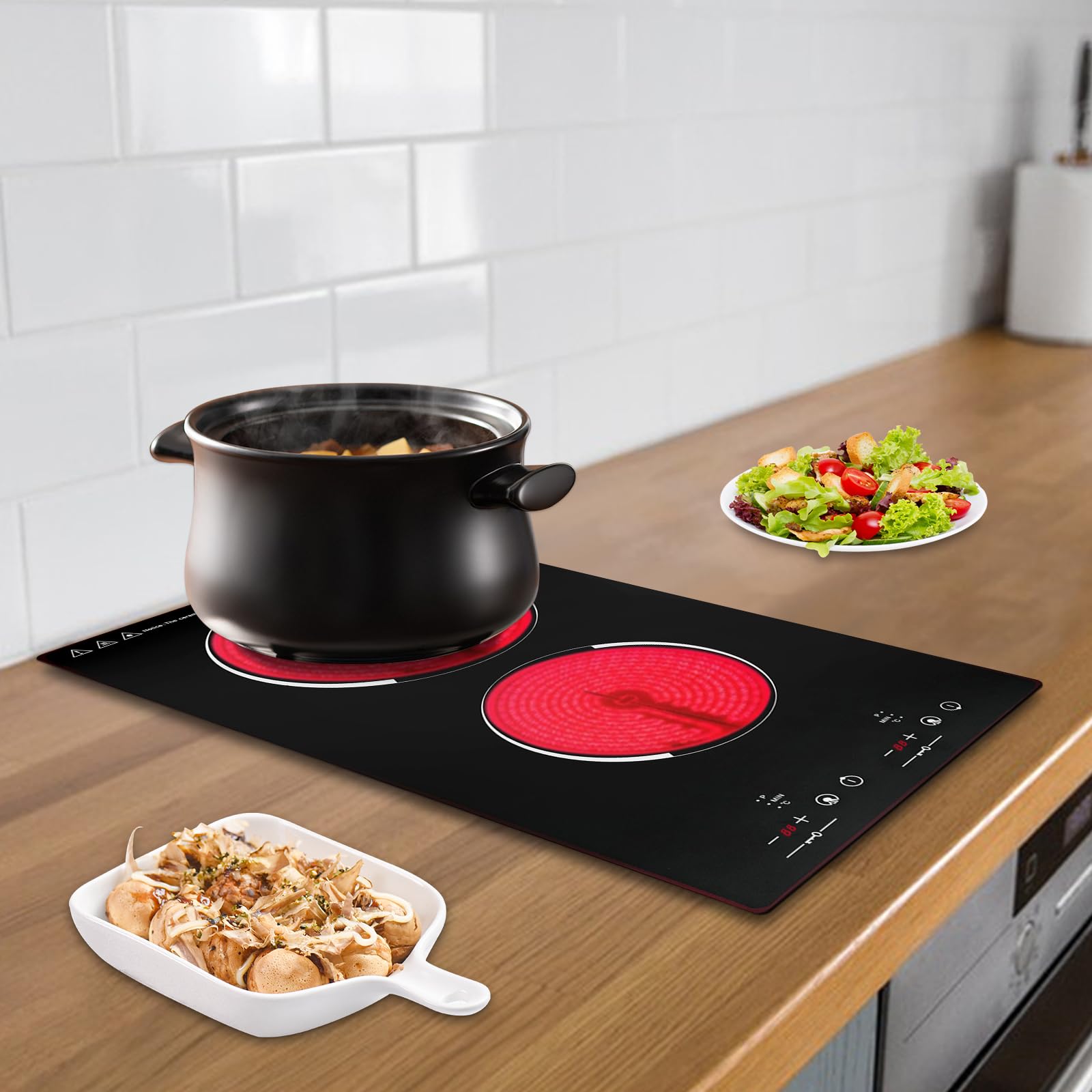 Electric Ceramic Cooktop with Plug, 1500W 110V Portable Cooktop 2 Burners Electric Built-in Cooktop Sensor Touch Control Countertop Electric Hot Plate, 9 Heating Level