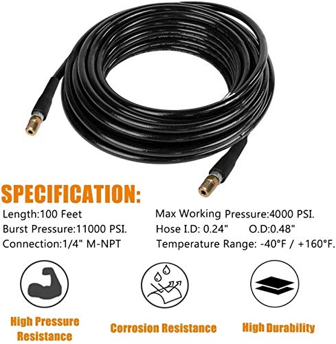 EDOU DIRECT 100 FT Cleaning Kit for Pressure Washer | 4,000 PSI Max Working Pressure | Includes: Durable Sewer Jetting Hose (3 layers) & 3 Sewer Jetter Nozzles