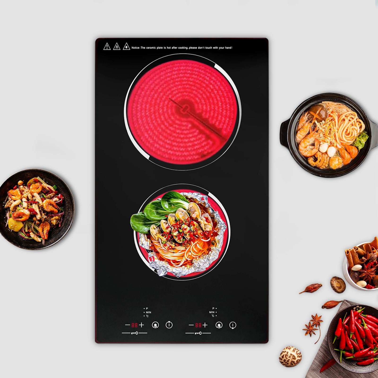 Electric Ceramic Cooktop with Plug, 1500W 110V Portable Cooktop 2 Burners Electric Built-in Cooktop Sensor Touch Control Countertop Electric Hot Plate, 9 Heating Level