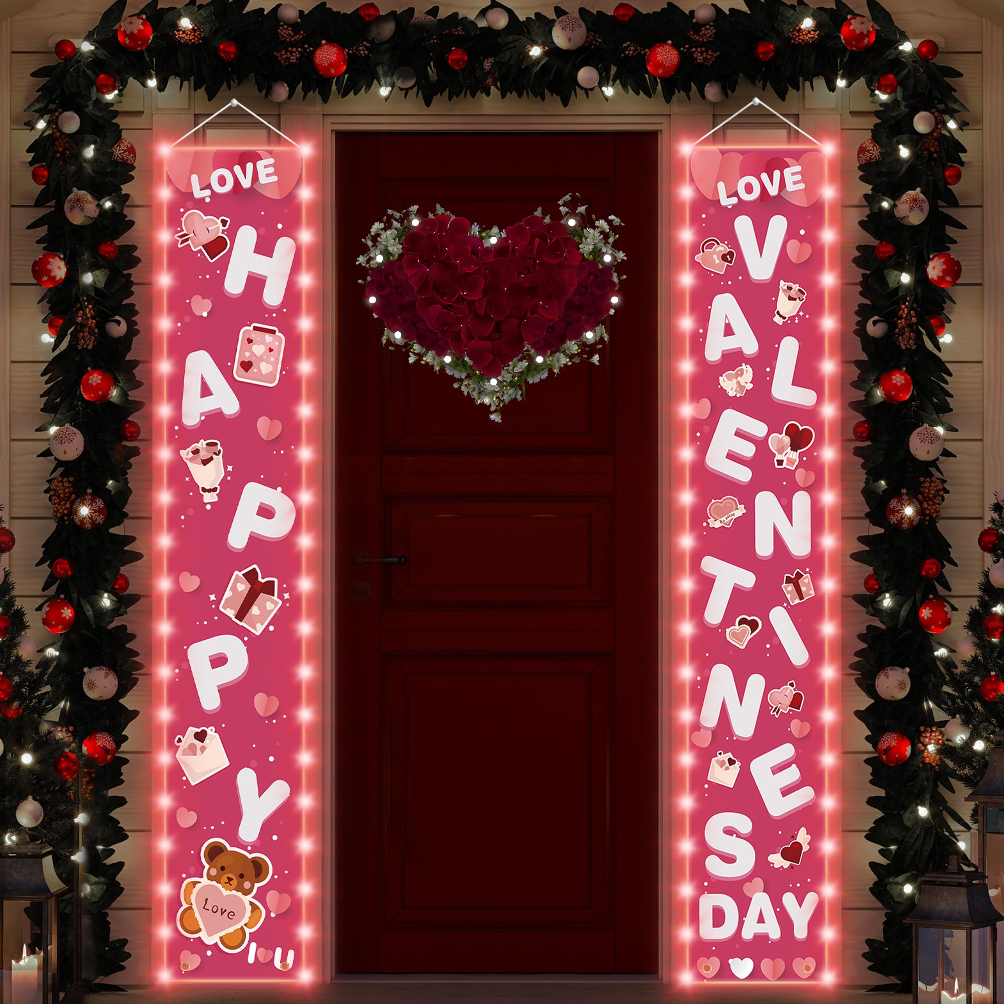 71 x 12 Inches Valentine's Day Lighted Banner for Doorway Porch Yard, Romantic Love Heart Theme Decor Outdoor Indoor Front Door Wall Welcome Hanging LED Banner Door Sign Decorations Party Supplies