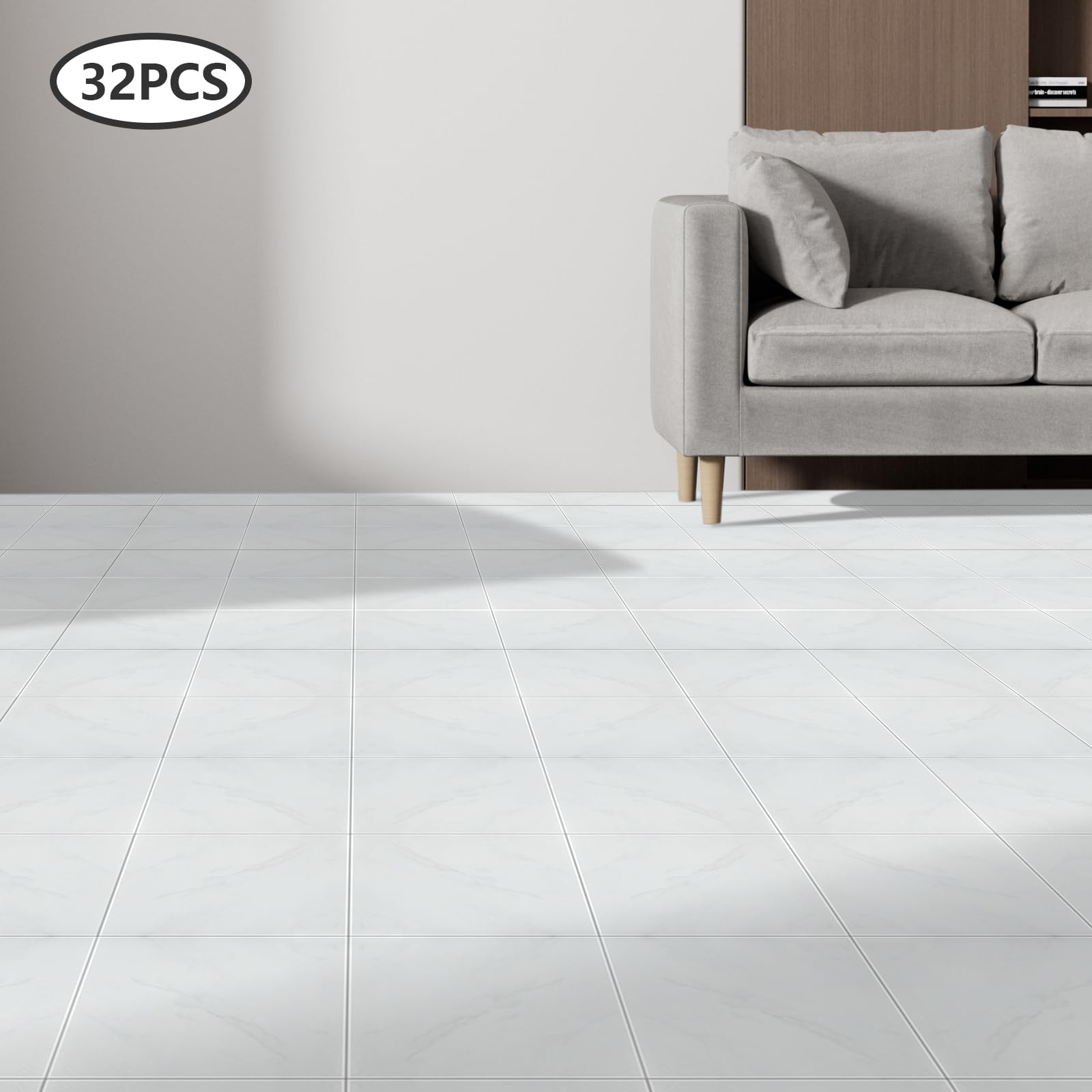 LOHISHIL 32PCS 12 * 12in Stick Floor Tile White Floor Tiles Self, Adhesive Wall Tiles Peel and Stick Floor Tiles Bathroom Floor Stickers for Kitchen, Bedroom, Hallways, Garages, Lobbies(White)