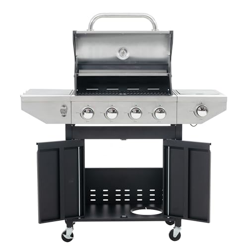 Propane Gas Grill, 4 Burners BBQ Grill with Side Burner & Thermometer, Freestanding Stainless Steel Grill Cart with Wheels for Outdoor Garden Cooking Barbecue, 42000 BTU